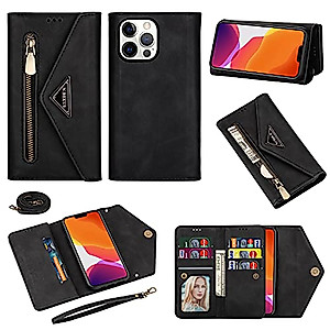 Crossbody Case for iPhone 13 Pro Max Phone Case Wallet Purse with Lanyard Strap Credit Card Holder 6.7'', PU Leather Protective Handbag Zipper Women Girl (Black)