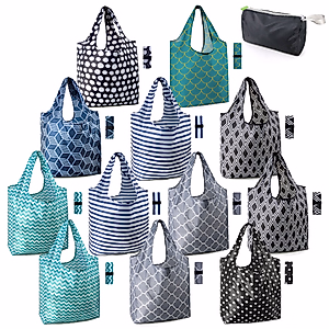 BeeGreen 12 Pack Reusable Shopping Bags with Storage Pouch & Elastic Band Geometric Reusable Grocery Bags Bulk 50LBS X-Large Foldable Machine Washable Heavy Duty Eco Tote Bags Recyling Bags w Handle