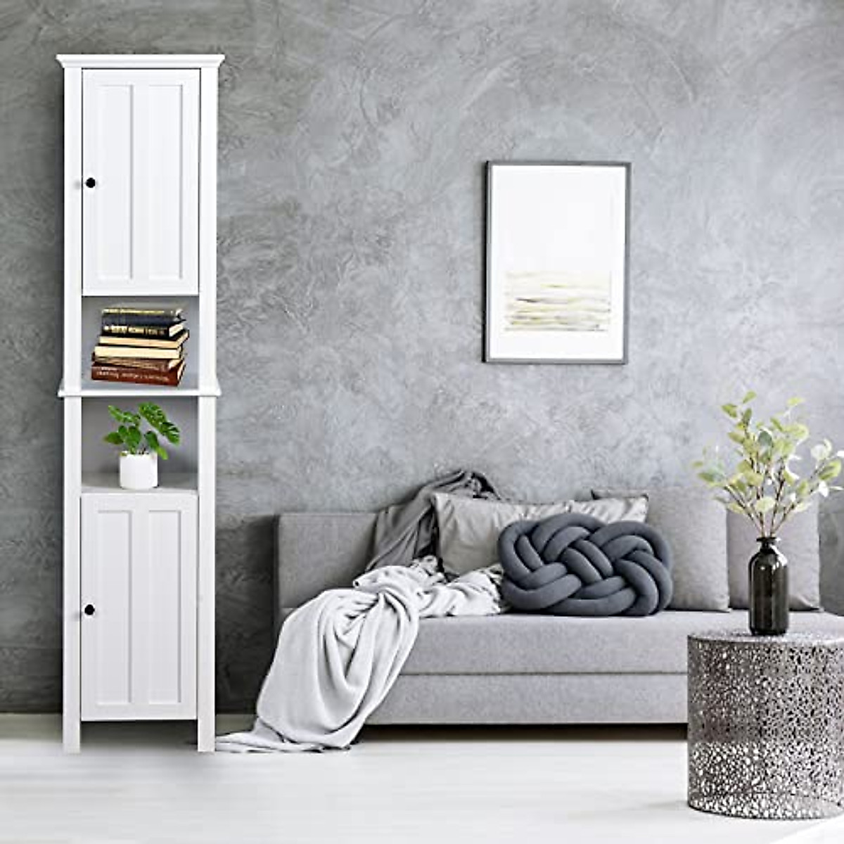 Unovivy Tall Bathroom Storage Cabinet Floor Standing Freestanding Linen Tower with 2 Doors & 6 Shelves, 15.7X 11.8X 66.9 Inches, for Living Room, Kitchen, Off-White