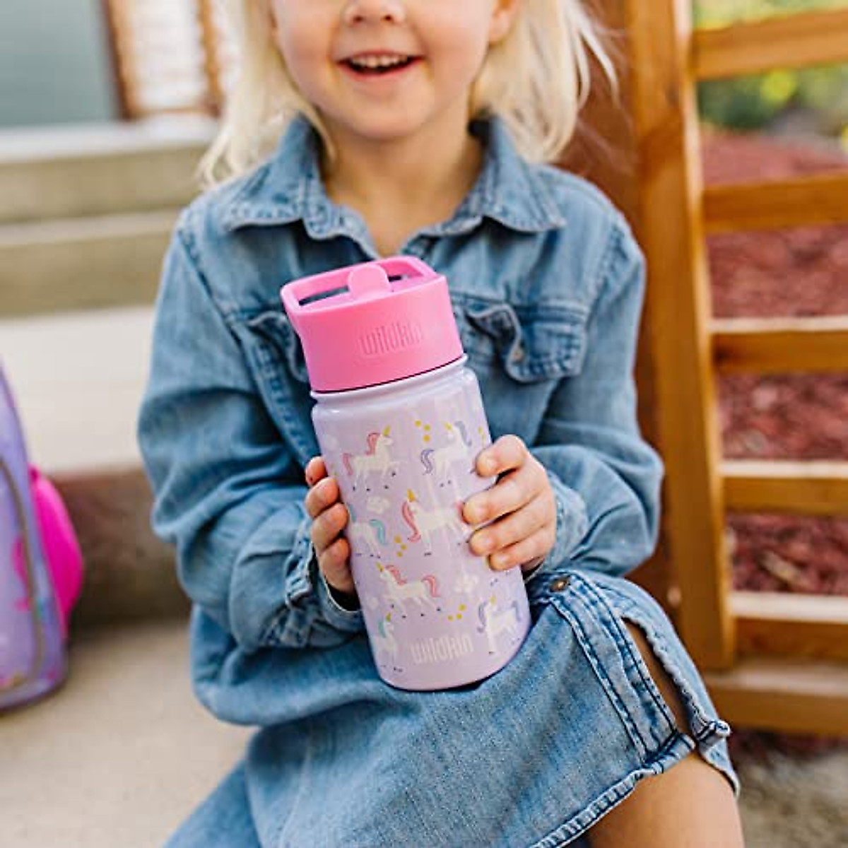 Wildkin Kids Stainless Steel 14 Ounce Water Bottle for Boys & Girls, Perfect for Daycare, School, or Travel, Features Straw Top & Carrying Handle, Easy to Clean Water Bottles for Kids (Unicorn)
