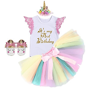 MYRISAM Baby Girls Birthday Cake Smash Unicorn Outfits Princess Romper Bodysuit Rainbow Skirt Unicorn Headband Shoes