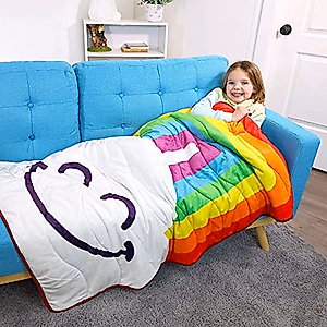 Good Banana K’ Smiley Rainbow Weighted Blanket, Cozy, Thick, Soft, Cloud-Like Coral Fleece, Calming, Relaxing Nap, Sleep, Even Weight Dispersion, 5 lbs, Durable Grid Stitching, Whole-Body Comfort