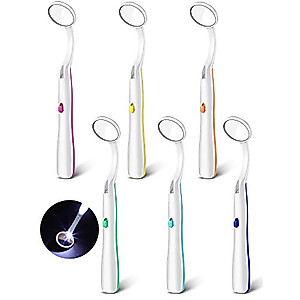 6 Pieces Dental Mirrors with Light Teeth Inspection LED Mirror Anti-Fog Teeth Mouth Dental Mirror Curved Dental Mirror for Oral Care Tool, 6 Colors