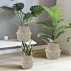 Nicunom 2 Pack Seagrass Belly Basket White Zigzag Pattern, 11 Inch Foldable Hand Woven Plant Basket with Handles, Storage Laundry, Picnic, Beach Bag, Plant Pot Cover for Home Decor