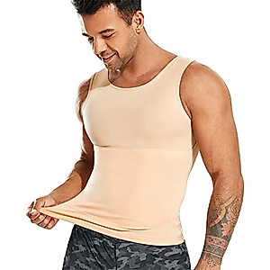Mens Compression Shirt Slimming Body Shaper Vest Workout Tank Tops Abs Abdomen Undershirts (Beige, M)