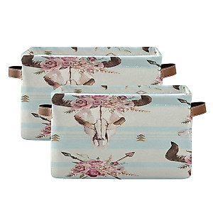 Collapsible Storage Bin Cube Floral Flower Animal Cow Skull Laundry Basket Hamper Toy Cloth Organization Bag with Handle for Pantry Nursery Home Office Shelve,2 PCS