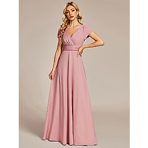 Ever-Pretty Women's Formal Dress Ruched Waist V Neck A Line Bridesmiad Dress with Sleeves Dusty Rose US8