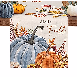 Hello Fall Table Runner 120 inch Long, Pumpkin Maple Leaf Thanksgiving Table Runners Burlap Dresser Scarves for Dining Coffee Table Party Holiday Farmhouse Autumn Harvest Seasonal Kitchen Decor