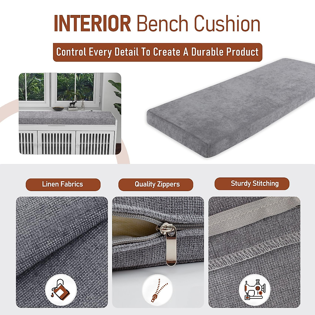 Focuprodu Bench Cushion 36 inch, Patio Furniture Cushions, Personalized custom non-slip durable window cushions chair cushions. (36x14x2.5, Light Gray)