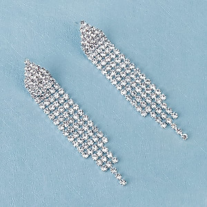 Mlouye Silver Tone Clear Rhinestone Chandelier Dangle Earrings for Women, Triangle Dangling Fringe Crystals Pierced Earring for Prom Party Jewelry