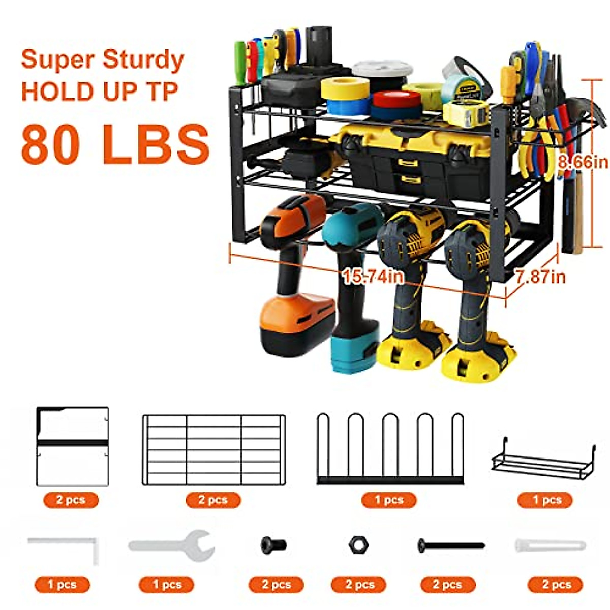 Heavy Duty Floating Tool Shelf Power Tool Organizer Garage Tool Storage Shelf Drill Holder 3 Layers Wall Mounted Storage Rack with Screwdriver Holder Black Suitable for Garage/Workshop