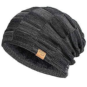 Vgogfly Slouchy Cool Beanie for Men Guys Lined Knit Warm Thick Skully Stocking Binie Winter Hat Black