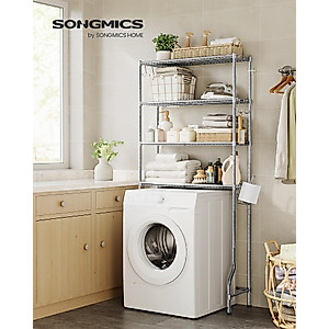 SONGMICS 4 Tier Over The Toilet Storage, Metal Storage Rack, Adjustable Shelves, 4 Hooks, Roll Holder, Space-Saving Bathroom Storage Shelf Organizer, 11.8 x 32.7 x 69.3 Inches, Silver Gray UBTS023G01