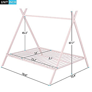 TARTOP Full Size House Bed Metal Tent Bed Frame, Floor Play House Bed Frame with Slat, Platform Bed for Kids Girls Boys, Teens No Box Spring Needed,Pink