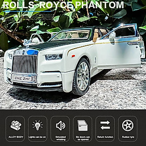 EROCK Upgrade Version -Exquisite car Model 1/24 Rolls-Royce Phantom Model Car,Zinc Alloy Pull Back Toy car with Sound and Light for Kids Boy Girl Gift. (White-Black)