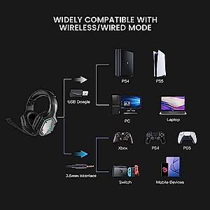 EKSA Wireless Headset for PC PS4 PS5 Computer - 7.1 Surround Sound, AI Intelligent Noise Cancelling Microphone(ENC), Low Latency 2.4G USB Dongle, 36 Hour Battery, Game/Music Mode, RGB Light
