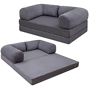 COMAX Folding Sofa Bed, Convertible Sofa Queen Floor Couch with L-Shaped Armrests, Foldable Futon Chair Bed Sleeper Mattress Fold Out Comfy Lounge for Living Room Bedroom, Dark Grey