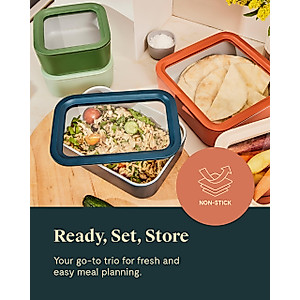 Caraway 3pc Glass Food Storage Set – 10 Cup, 6.6 Cup, & 4.4 Cup Food Containers - Ceramic Coated - Non Toxic Non Stick Lunch Box with Glass Lids - Dishwasher, Oven, & Microwave Safe - Gray