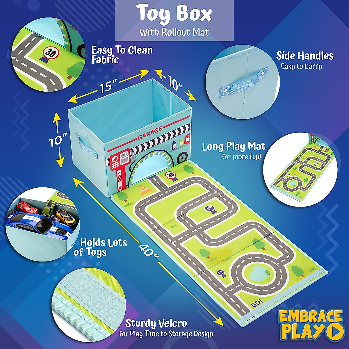 EMBRACE PLAY Toy storage box with car rug play mat - Toy box for boys and girls - 2 in 1 collapsible toy car storage- toyboxes for children - toy boxes for kids (BLUE)