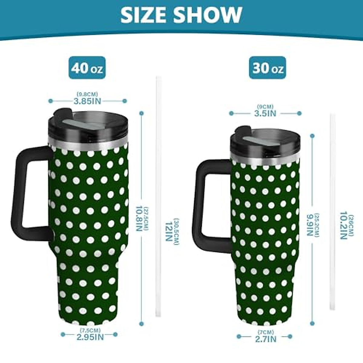 Flradish 40oz Tumbler with Handle, Polka Dots Hunter Green White Stainless Steel Tumbler with Lid and Straws Double Wall Vacuum Insulated Leakproof Coffee Travel Mug