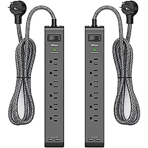 2 Pack Surge Protector Power Strip with 6 Outlets 2 USB Ports 5-Foot Long Heavy-Duty Braided Extension Cords Flat Plug 900 Joules 15A Circuit Breaker Wall Mount for Home Office ETL Listed
