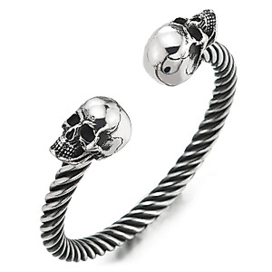 COOLSTEELANDBEYOND Mens Womens Skull Twisted Cable Cuff Bangle Bracelet, Stainless Steel, Polished, Elastic Adjustable