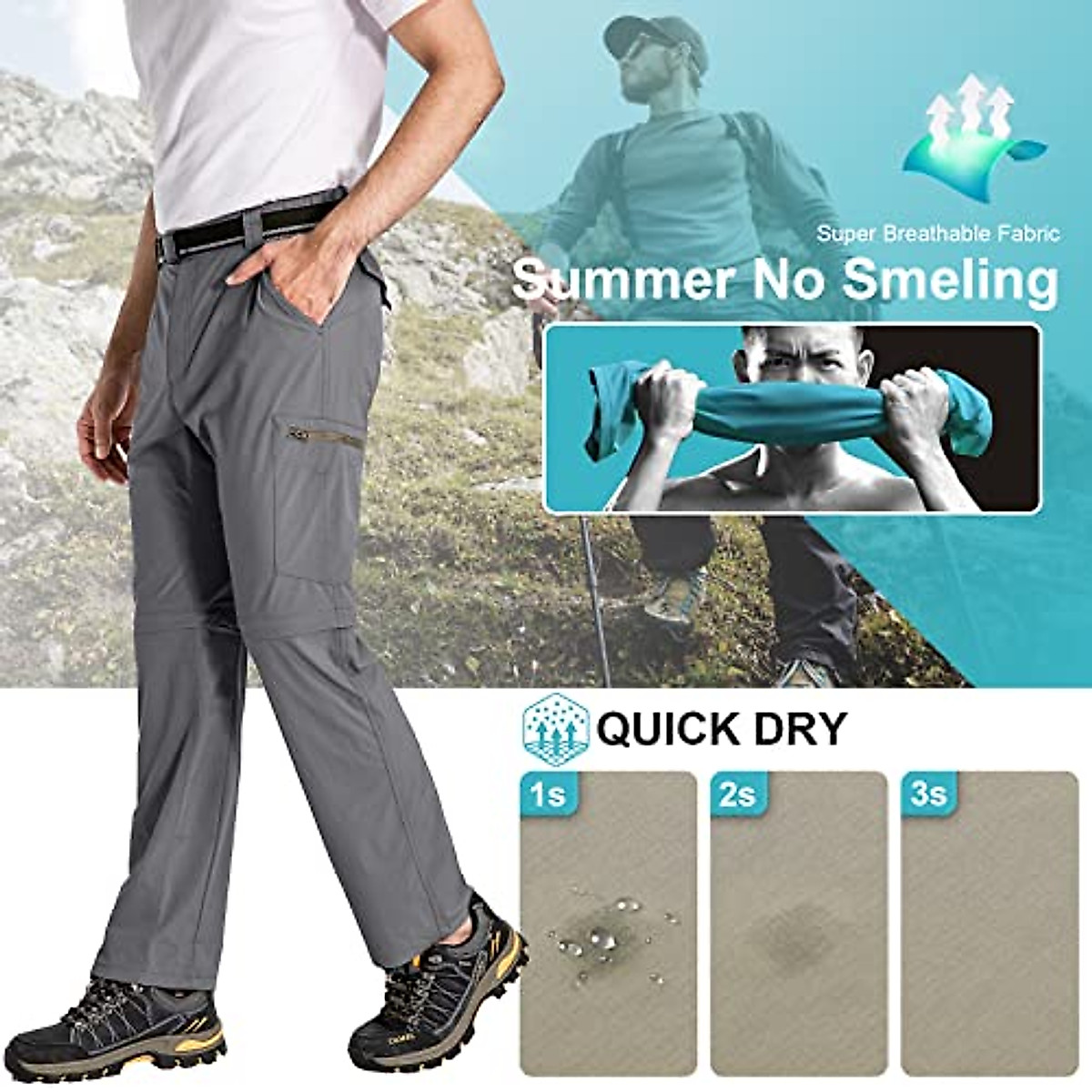 Hiking Pants for Men boy Scout Convertible Cargo Zip Off Lightweight Quick Dry Breathable Fishing Safari Shorts,6226,Grey,29