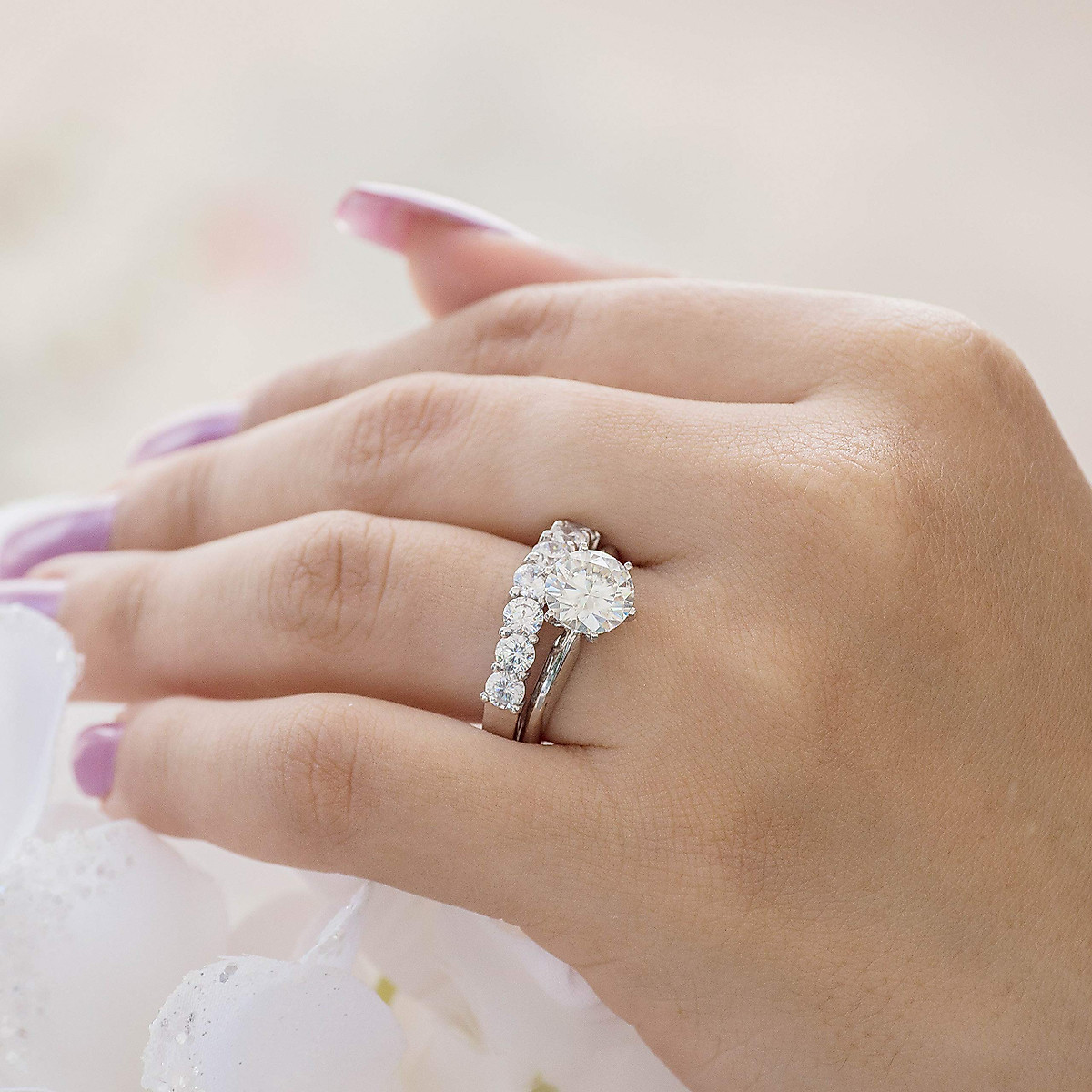 TwoBirch 0.5 Ct. Seven Stone Shared Prong Contoured Wedding Ring In Sterling Silver Cubic Zirconia