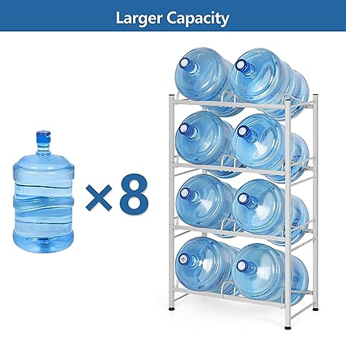 5 Gallon Water Jug Holder of 4 Tiers Water Bottle Storage Rack Stand with Large Capacity for 8 Bottles Heavy Duty Water Bottle Organizer Save Space for Kitchen, Dining Room, Garage (Silver)