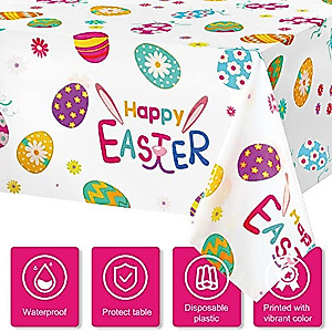 Easter Tablecloth Plastic Easter Egg Bunny Table Cover Colorful Egg with Happy Easter Bunny Tablecloth for Easter Spring Flower Themed Party Kitchen Dining Room Home Decor, 54 x 108 Inch (3)