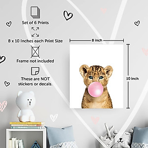 Designs by Maria Inc. Set of 6 UNFRAMED safari animal kids blowing pink bubblegum nursery decor | Cute animal pictures | Animal posters safari wall decor | Animal bubbles play room Wall Art (8"x10")