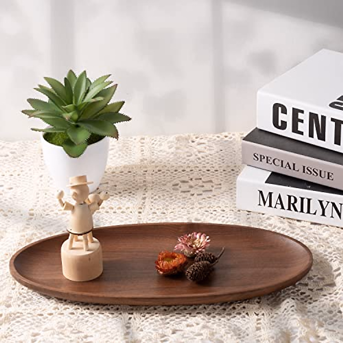 Insunen Walnut Wood Serving Decorative Tray, Oval Wooden Organizer Trays for Bathroom, Small Solid Wood Party Trays and Platters for Food Snack, 12.6 inches