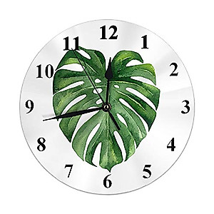 Moslion Wall Clock Tropical Leaf Watercolor Outdoor Summer Exotic Monstera Green Leaves Plants Round Wall Clock Home Decor Wall Clock for Holiday Birthday Retirement Gift