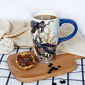 Minigift Ceramic Coffee Mug，Travel Cup with Lid,Handmade Milk Mug 16oz-Ocean Turtle