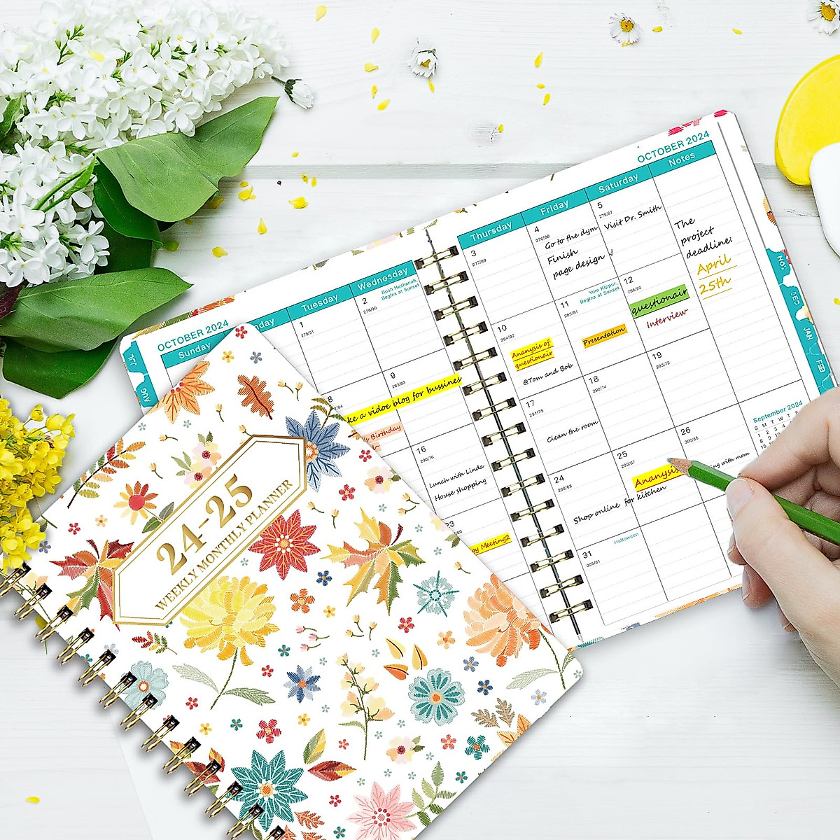 Ymumuda 2024-2025 Planner, 12-Month Daily Weekly Monthly Planner from JUL.2024 to JUN.2025, 8.4" X 6", Spiral Planner Notebook with Stickers, Elastic Closure, Inner Pocket, Colorful Embroidery