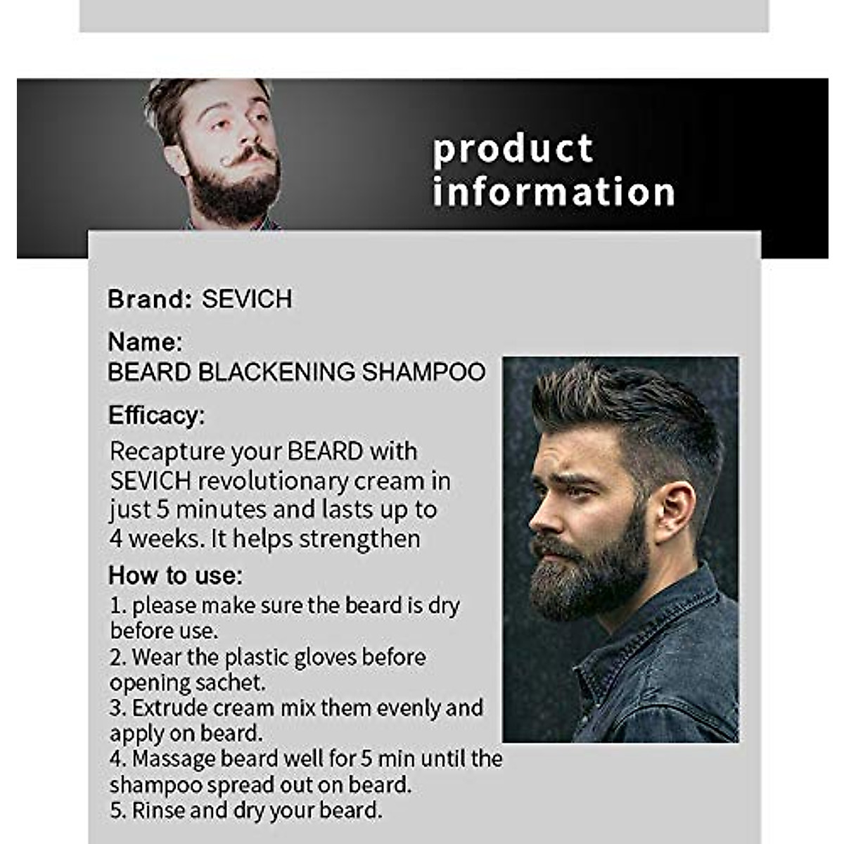 SEVICH Black Beard Dye Shampoo, Beard Care Repair Grey Cover Mustache Conditioner Softener, Fragrance Free