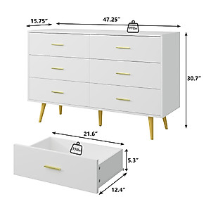 White Dresser for Bedroom, 6 Drawer Wood Dresser with Golden Handles, Modern Dressers & Chests of Storage Drawer for Entryway Hallway