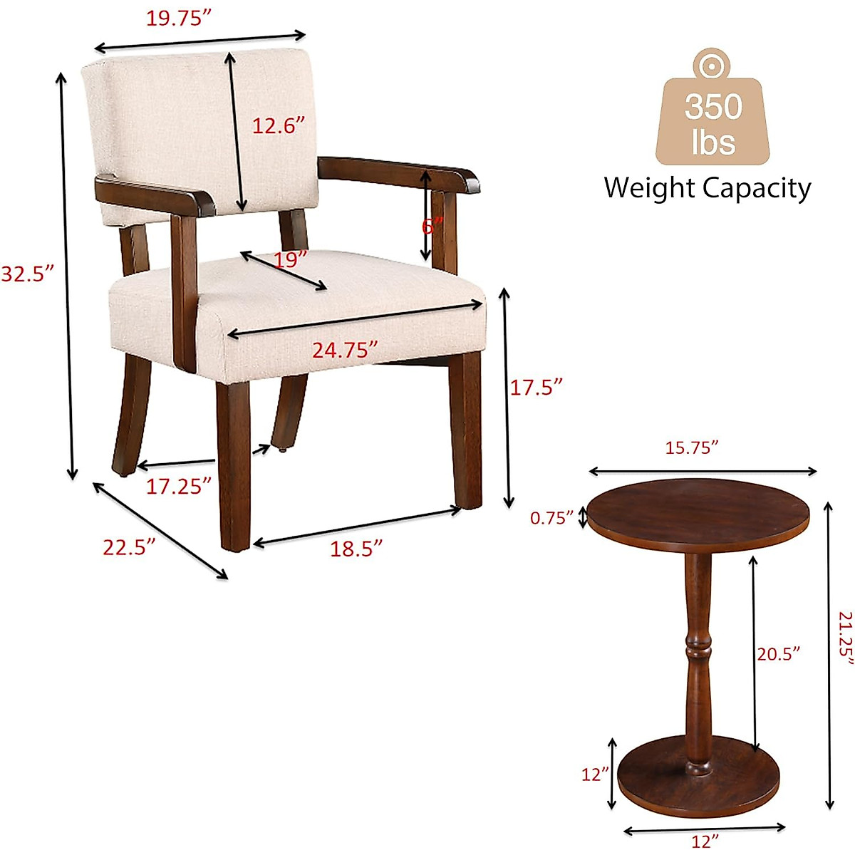 HMFULE 24.25'' Mid Century Accent Chair Set of 2 with Round Wood Table Modern Fabric Arm Chair for Living Room Bedroom Reading Room(Beige)