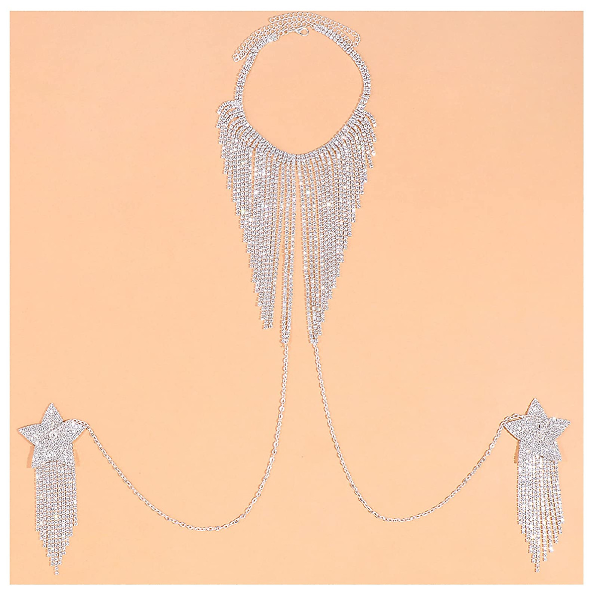 Sexy Rhinestone Stars Nipple Pasties with Chest Chain Rhinestone Nipple Cover Stickers Crystal Tassel Necklace Chain Rave Festival Bra Chain Jewelry for Women
