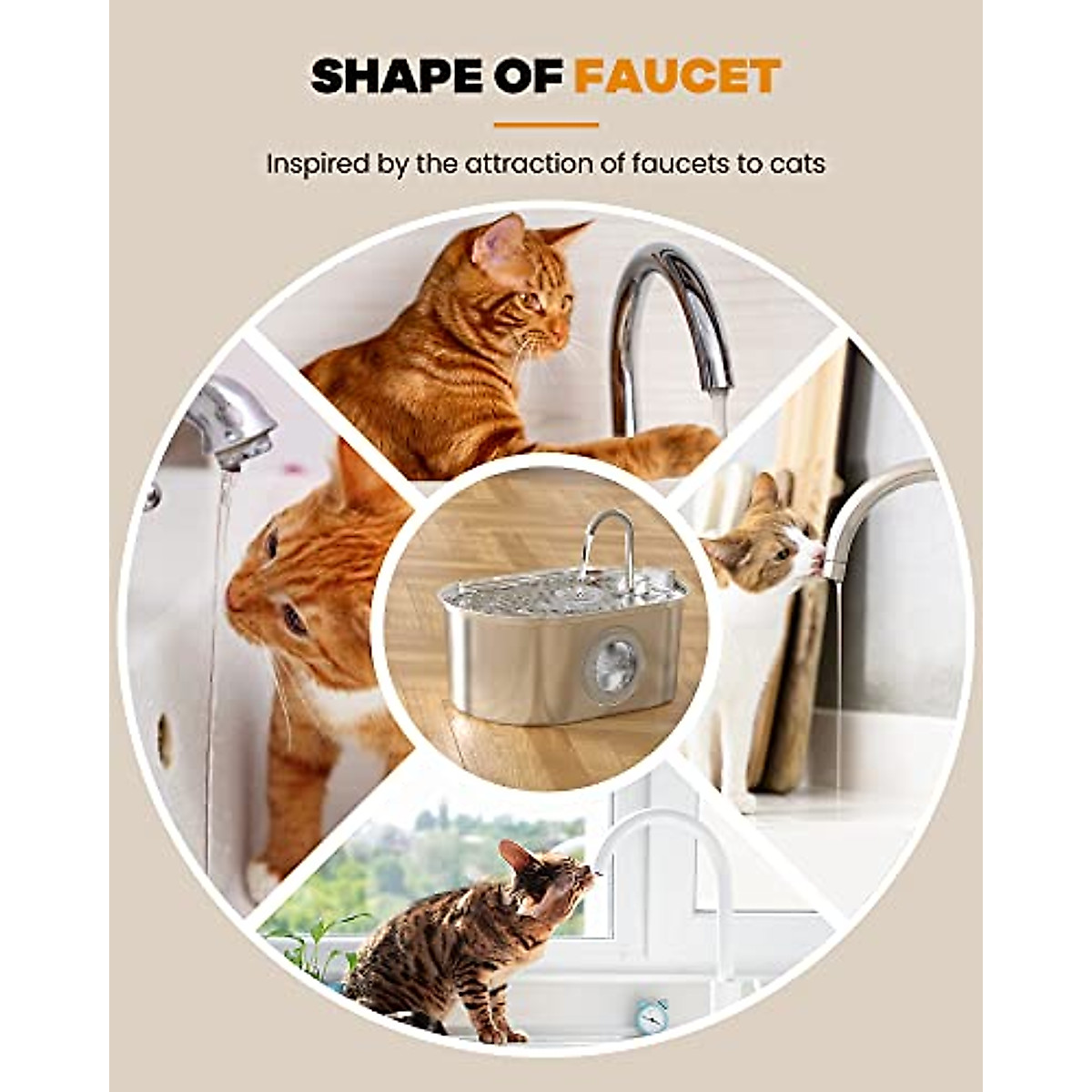 SOOFPET Cat Water Fountain with Water Level Window, 108oz/3.2L Water Fountain for Cats Inside, Stainless Steel Pet Water Fountain Dog Water Dispenser, Faucet Shape, Quiet Pump, for Dogs and Cats