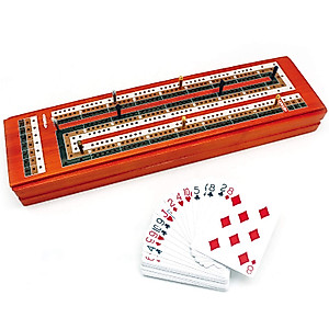 CRIBBAGE BOARD GAME SET. UNIQUE LARGE WOODEN CONTINUOUS 3 TRACK BOARD WITH LARGER STORAGE AREA, 9 METAL PEGS AND 2 DECKS OF PLAYING CARDS. TRAVEL PORTABLE CRIBBAGE PERSONALIZED BOARDS CARD GAME SETS