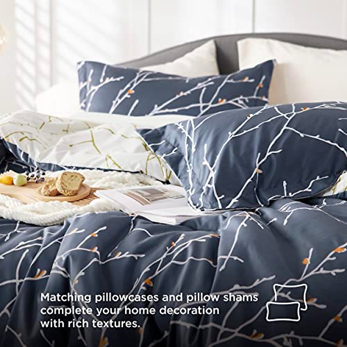 Bedsure Twin Comforter Set - Twin Bed Set 5 Pieces, Reversible Navy Blue Bed in a Bag Tree Branch Pattern Printed with Comforter Twin Size, Sheets, Pillowcase & Sham