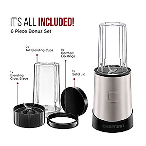 Chefman Personal Ultimate Kitchen Blender, Quick Portable Blending of Shakes, Smoothies, Baby Food & Juice, 2 Travel Cups, Cover & Drinking Rim, 6-Piece Set, Dishwasher-Safe Stainless-Steel Blade
