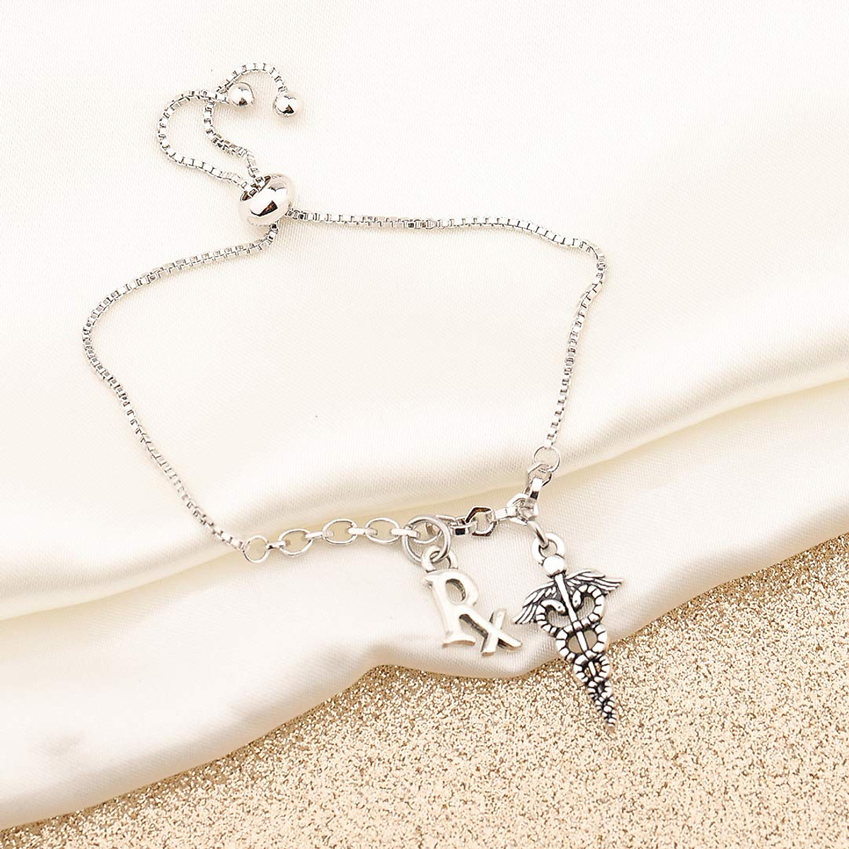 QIIER Pharmacist Gift RX Bracelet RX Symbol Pharmacy Charm Slider Bracelet Pharmacy Technician Jewelry Pharmacy Student Graduation Gift (silver)