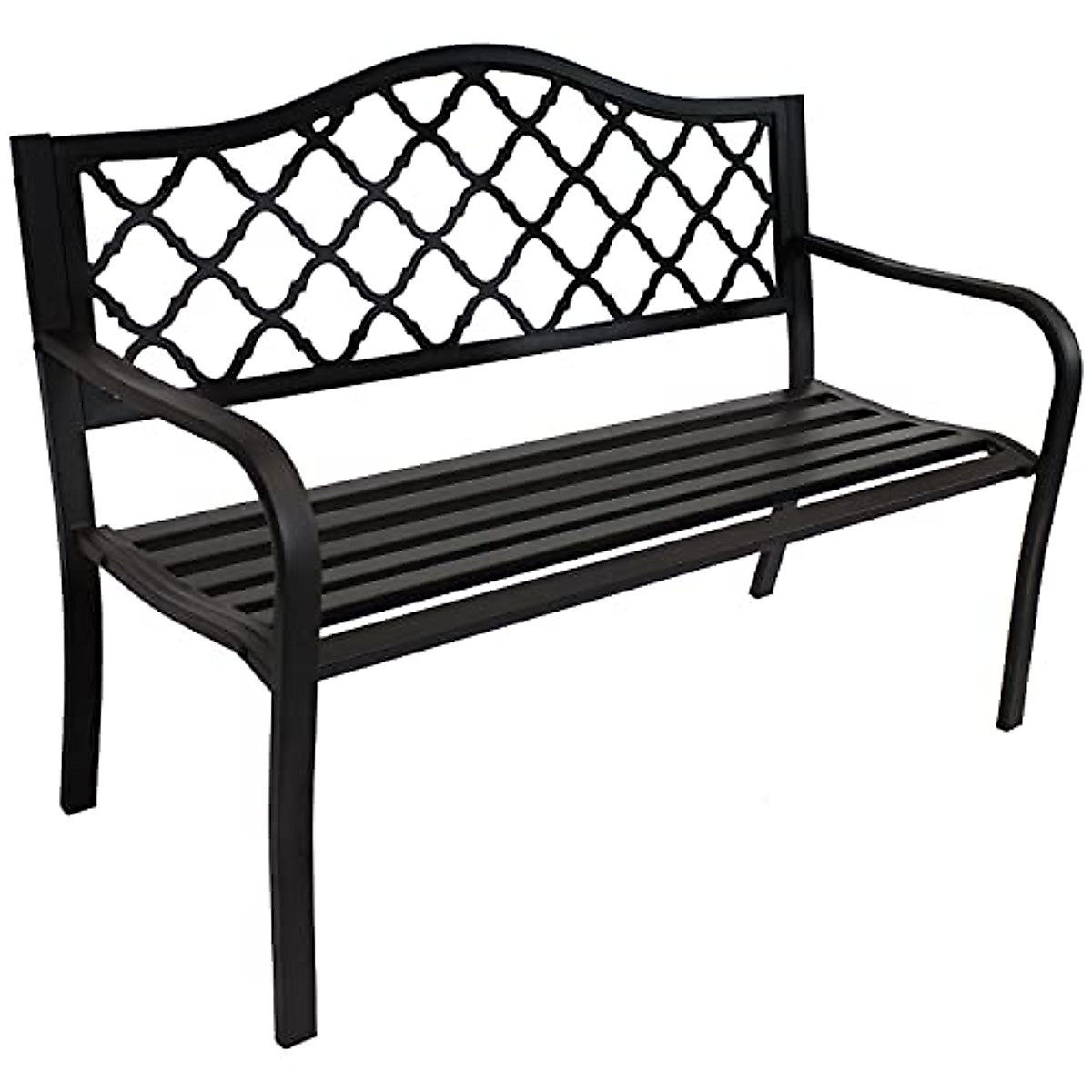 Sunnydaze Outdoor Patio Bench - 2-Person Outside Garden Park Bench Furniture - Durable Cast Iron Metal - Black Lattice Decorative Design - Outdoor Seating for Yard, Porch, Deck, Entryway or Backyard