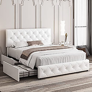 Queen Bed Frame with Storage and Adjustable Headboard, Bed Frame with 4 Drawers and Wooden Slats Support, No Box Spring Needed, PU, White