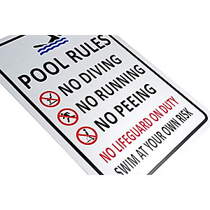 Kichwit Pool Rules Sign for Outdoor, Backyard Metal Swimming Pool Sign, No Diving No Running No Peeing No Lifeguard on Duty Sign, Aluminum, Weather Resistant, 9.4 x 13.4 Inches, Silver