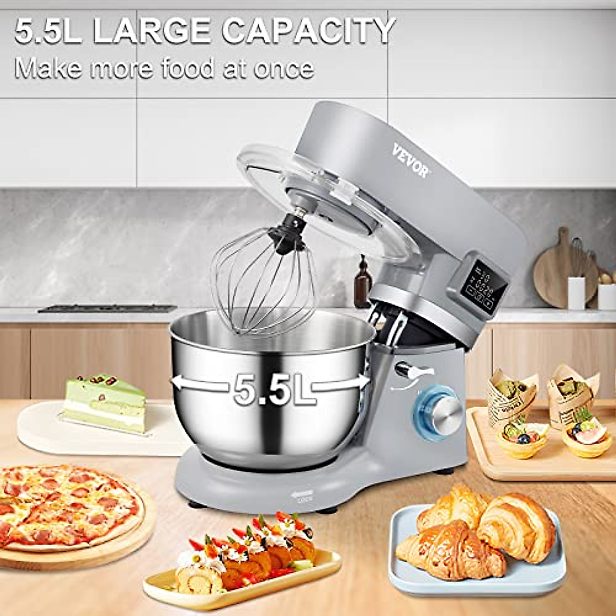 VEVOR Stand Mixer, 660W Electric Dough Mixer with 6 Speeds LCD Screen Timing, Tilt-Head Food Mixer with 5.8 Qt Stainless Steel Bowl, Dough Hook, Flat Beater, Whisk, Scraper, Splash-Proof Cover - Gray