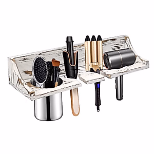 Hair Dryer Holder Wall Mounted Blow Holder Bathroom Hair Tool Organizer, Hair Styling Care Tool Organizer, Rustic Wood Beauty Appliance for Flat Iron, Curling Wand, Hair Straighteners（Rustic White ）