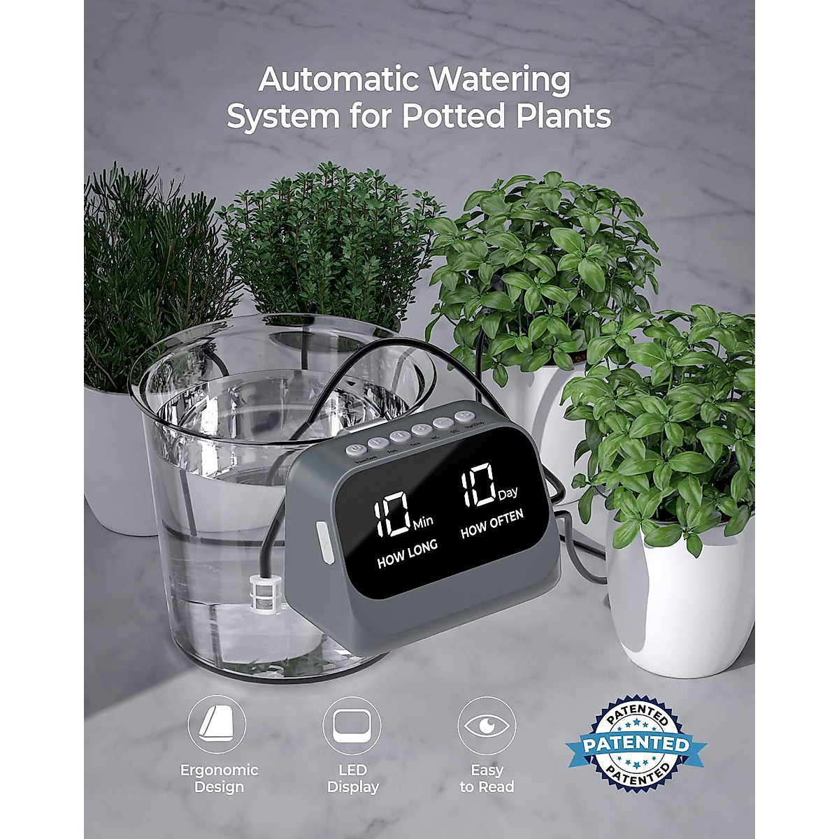Automatic Watering System for Potted Plants, Plant Waterer with Smart Programmable Timer, Waterproof LED Display & Large Capacity Battery, Precise Distribution of Water, Gray